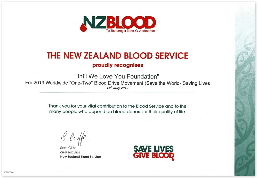 Certificate of Appreciation from New Zealand Blood Service - The Intl ...
